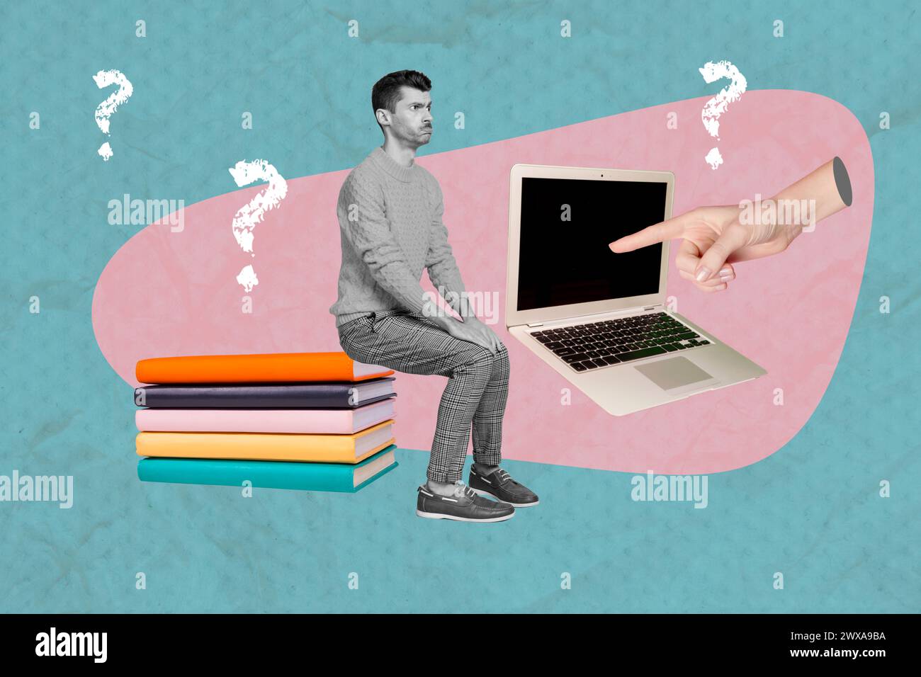 Creative picture collage sitting man question mark puzzled man laptop ...