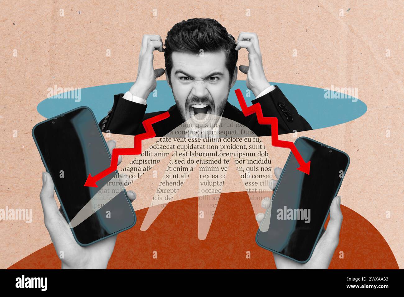 Collage young irritated annoyed businessman entrepreneur shouting trading failure investor ...