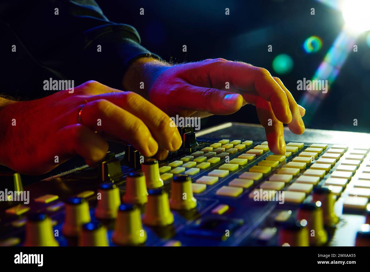 Electronic music, party and night club entertainment. Close-up of dj ...