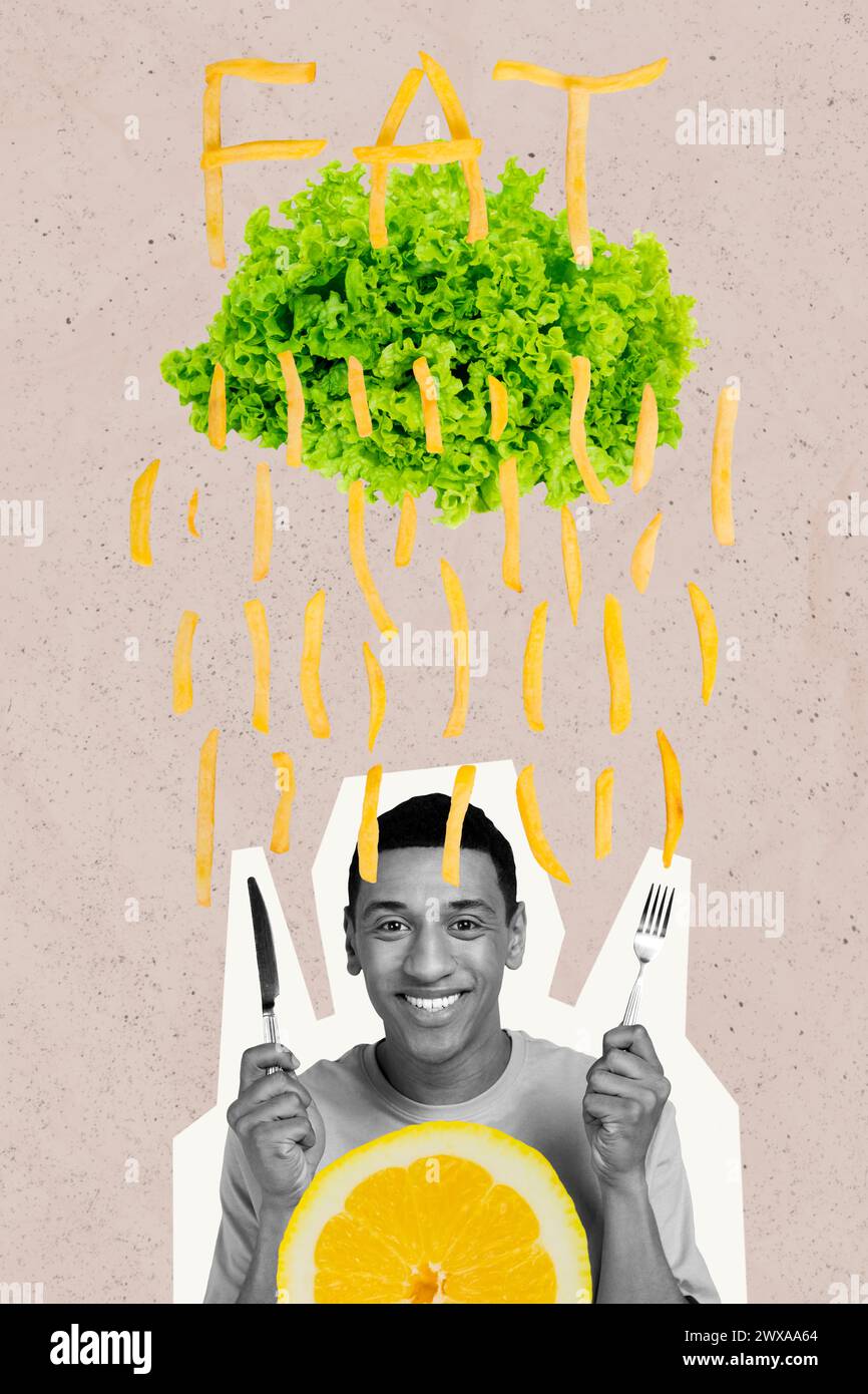 Vertical creative picture collage young man hungry grocery ingredients ...