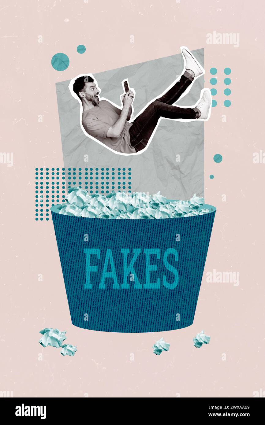 Creative abstract template collage of falling down trash bin man hold ...