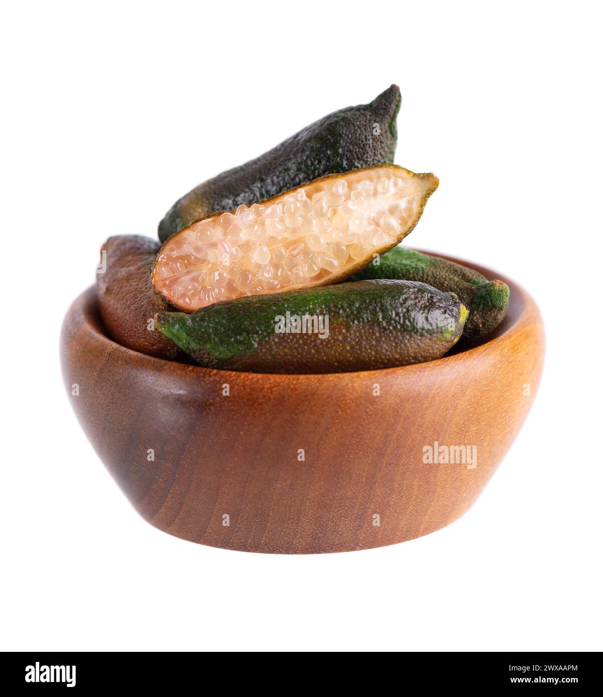 Fresh finger limes in wooden bowl isolated on white background. Caviar ...