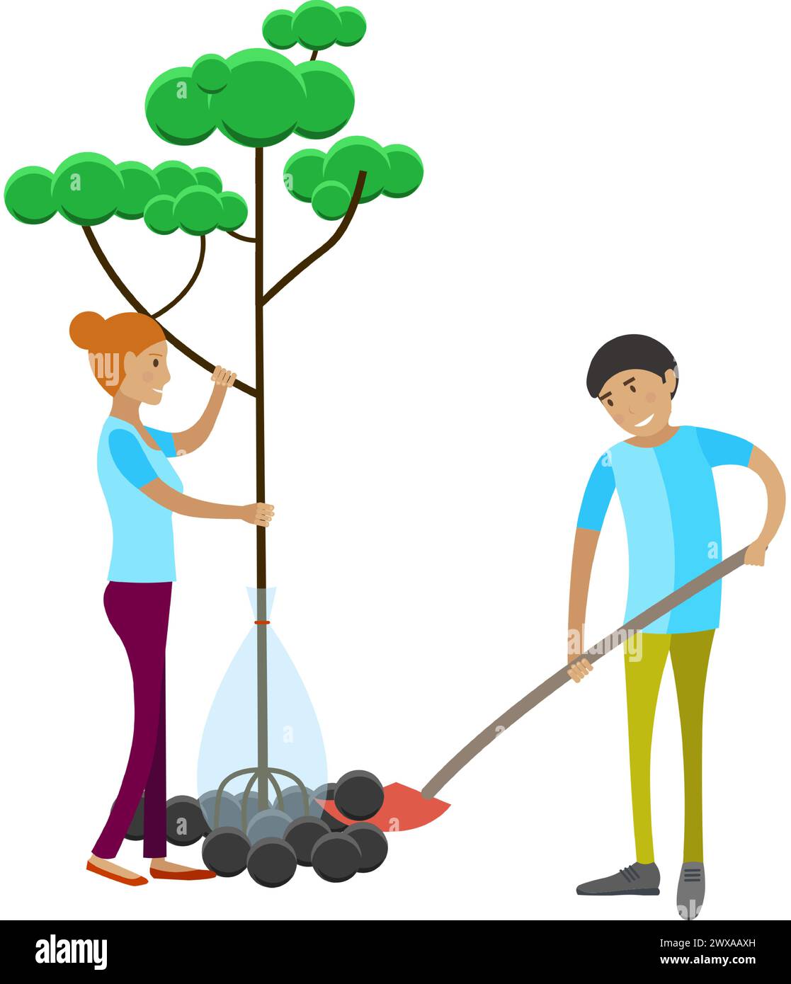 Man and woman volunteer planting park tree vector icon isolated on ...