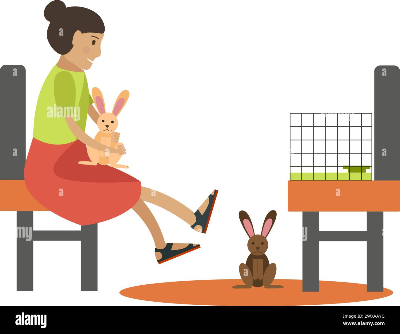 Little girl child playing with rabbit at zoo shop vector icon isolated ...