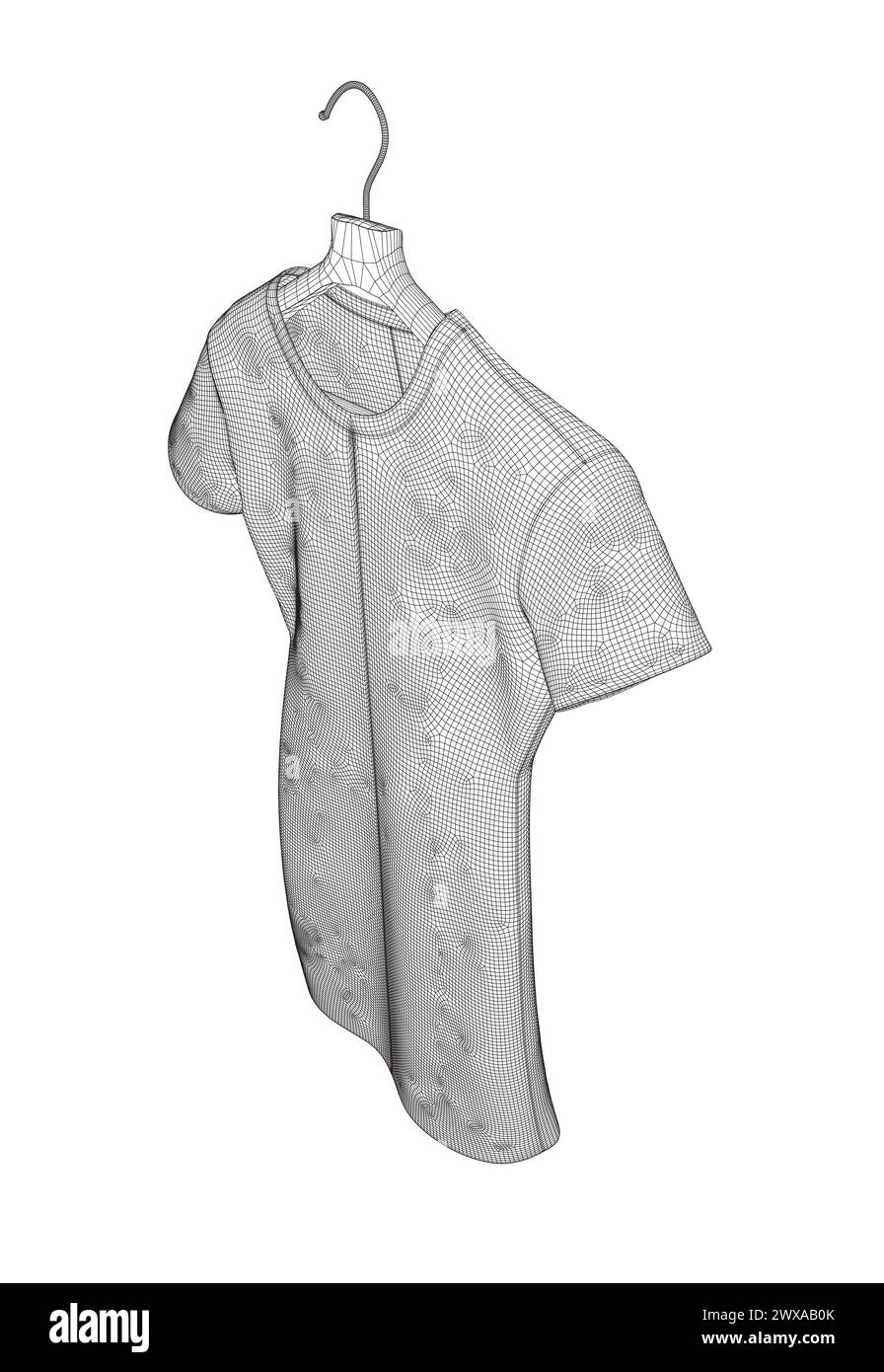 Wireframe of a woman's dress hanging on a hanger made of black lines ...