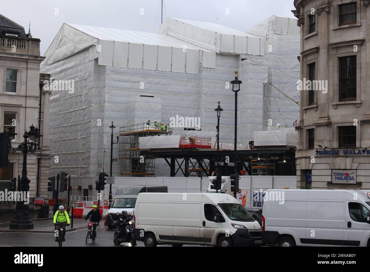 A photograph from Trafalgar Square, London, of construction work ...
