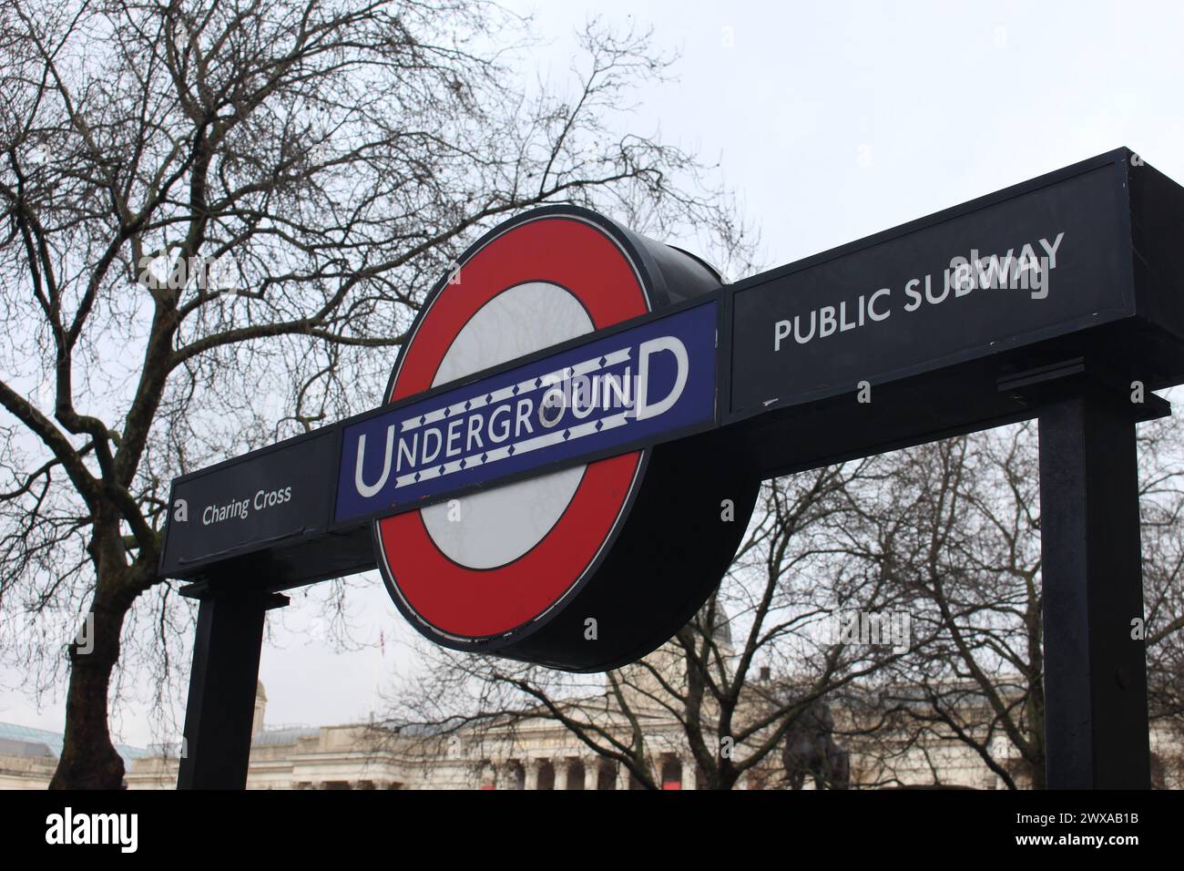A photograph of the sign for Charing Cross Underground subway in London ...