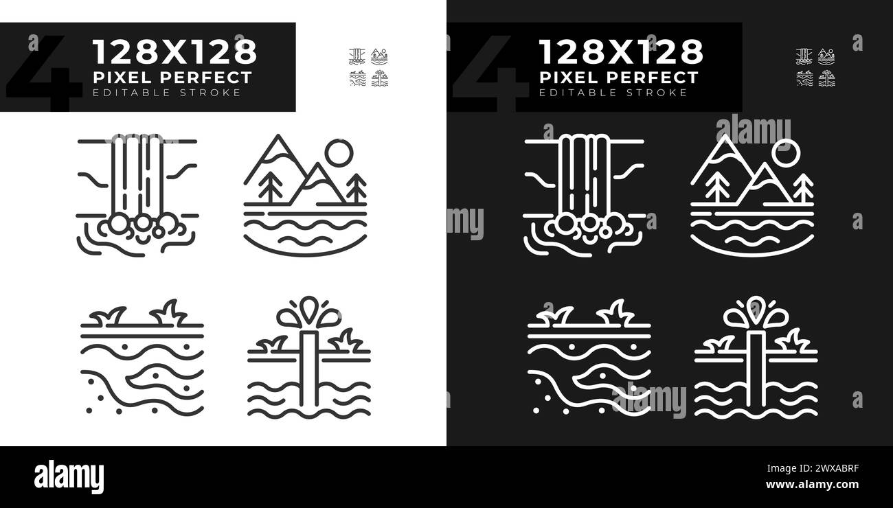Natural water bodies linear icons set for dark, light mode Stock Vector ...