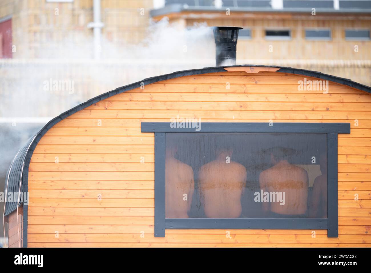 Berlin, Germany. 29th Mar, 2024. Guests sit in a sauna at the start of ...
