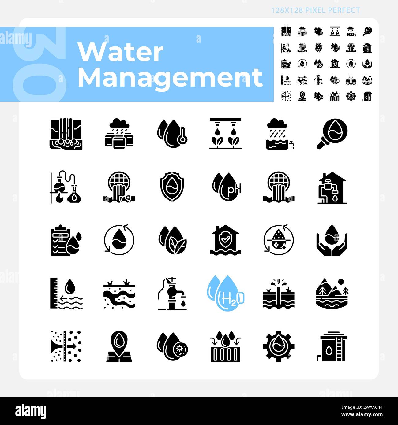 Water management black glyph icons set on white space Water industry ...