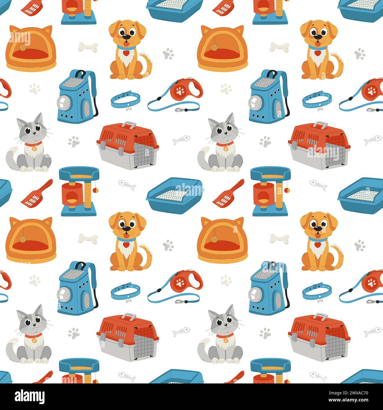 Seamless pattern with pets and pet care items. Cat, dog, carrier ...