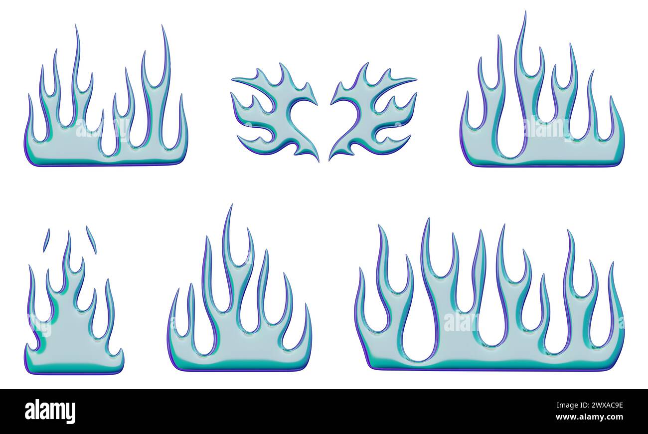 3D flames. Set of Stickers with cold blue burning fire with glossy ...