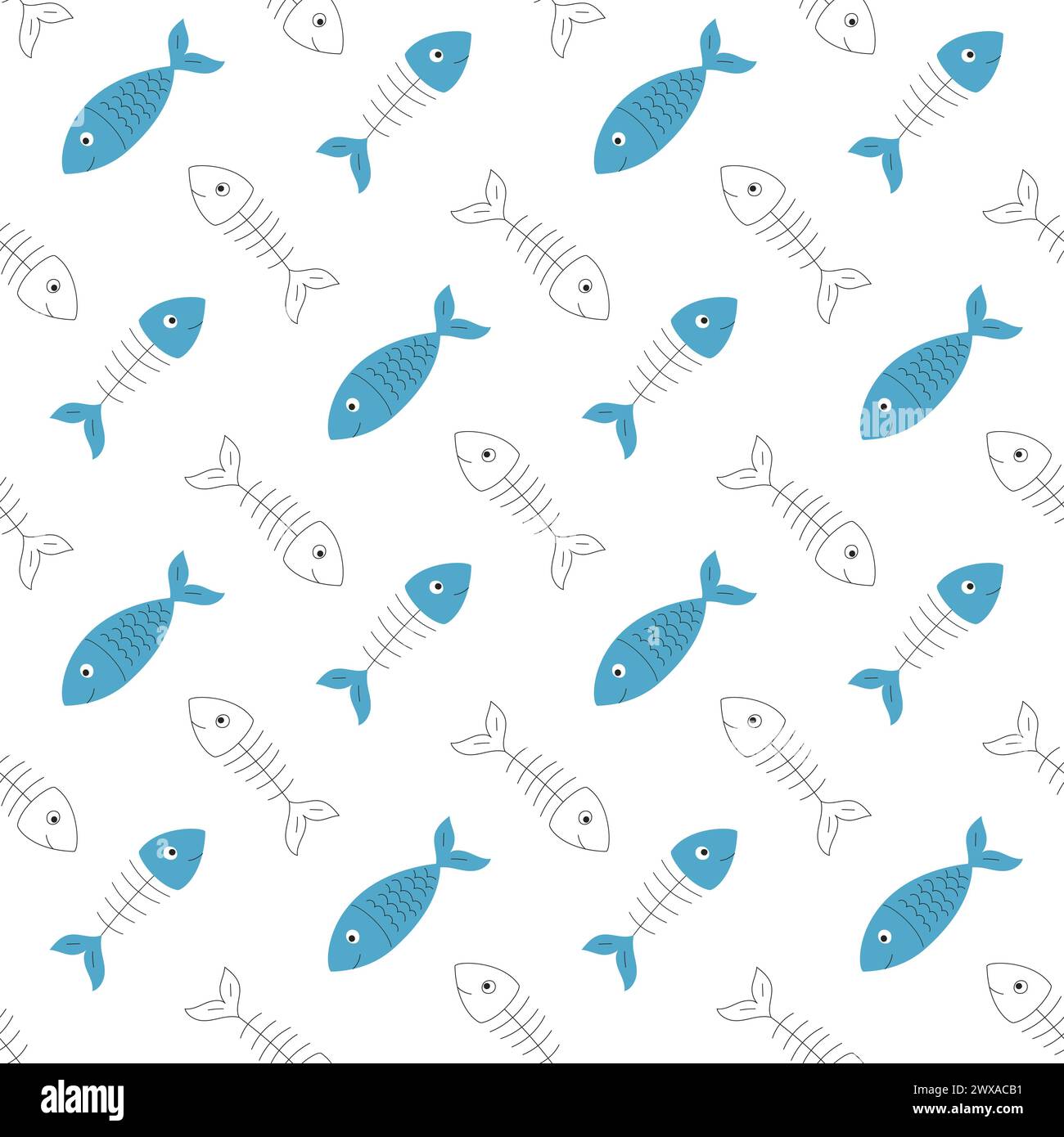 Simple seamless pattern with fish and a fish skeleton. For pet products ...