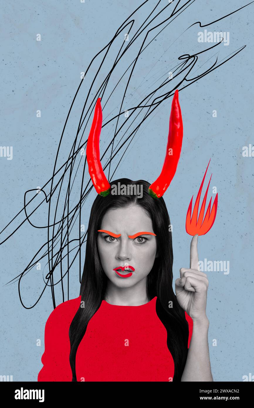 Vertical collage young angry woman eyebrows painted lips lipstick ...