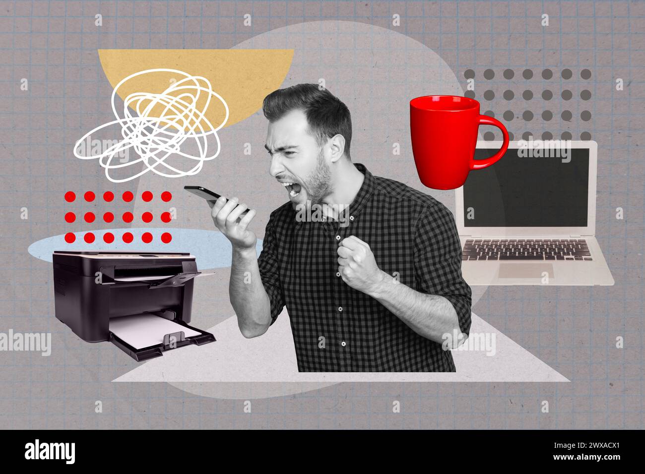 Creative picture collage young shouting man smartphone call answer yell ...