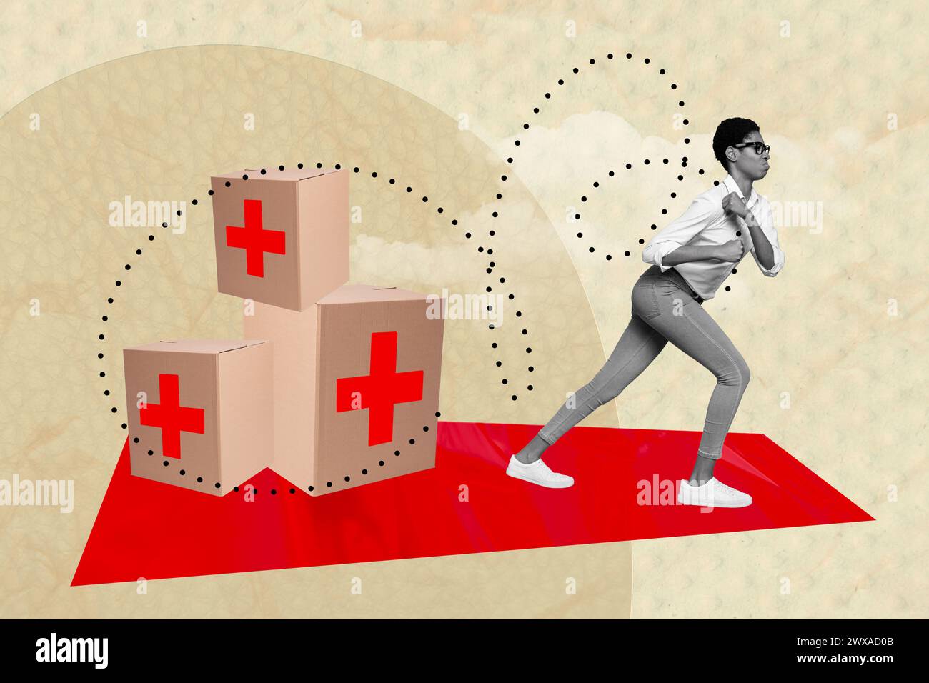 Creative collage picture young girl pulling effort carton boxes charity ...