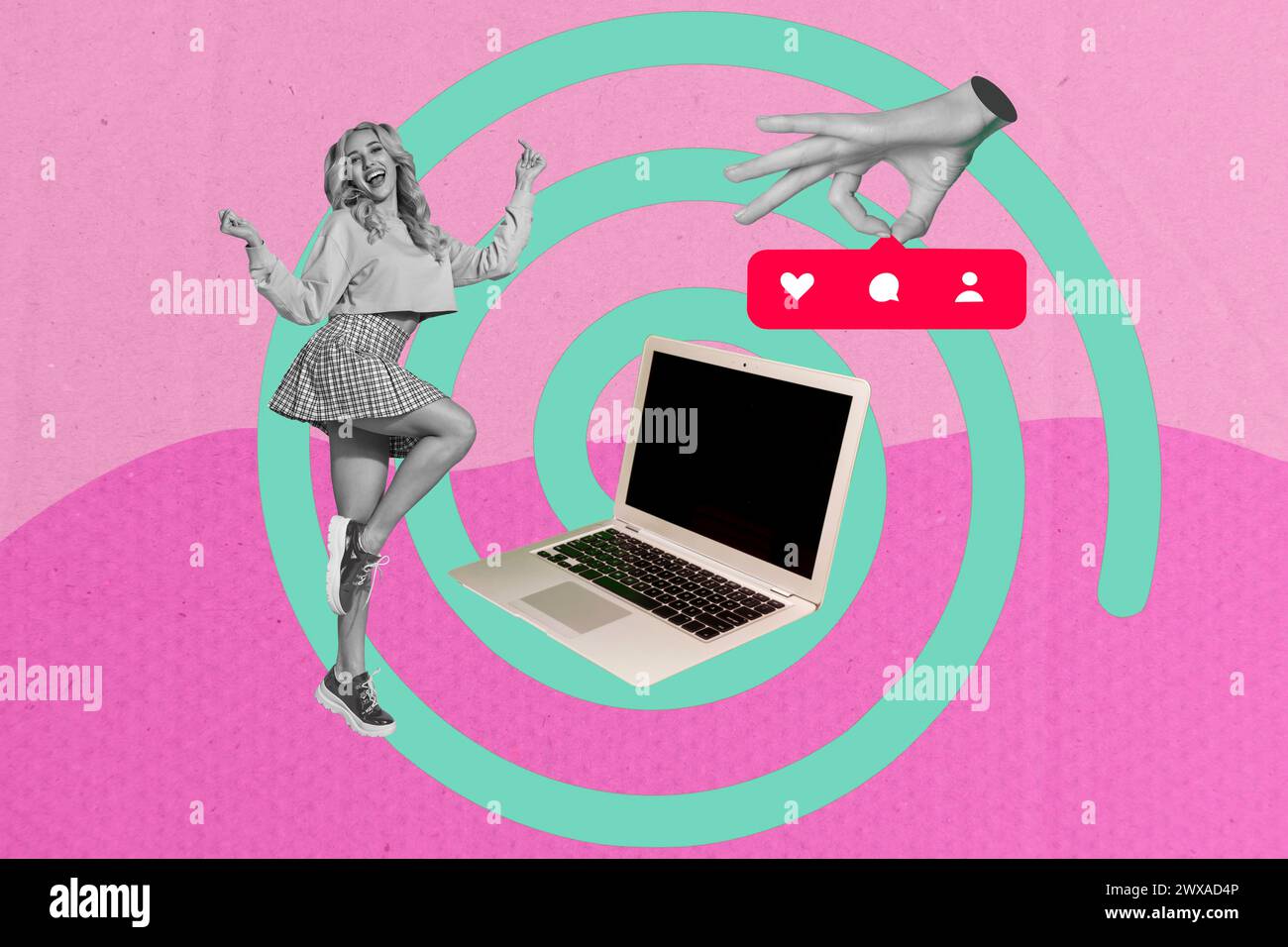 Creative photo collage dancing happy joyful girl social network online blogging influencer ...