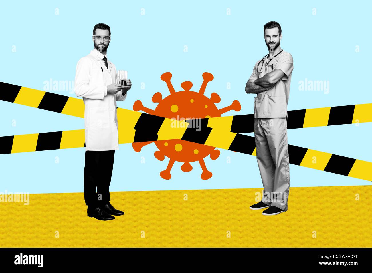 Composite photo collage of two serious laboratory man doctor forbidden ...