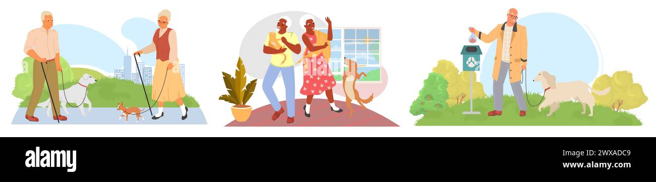 Happy elderly and pet animals activity vector illustration set Stock ...