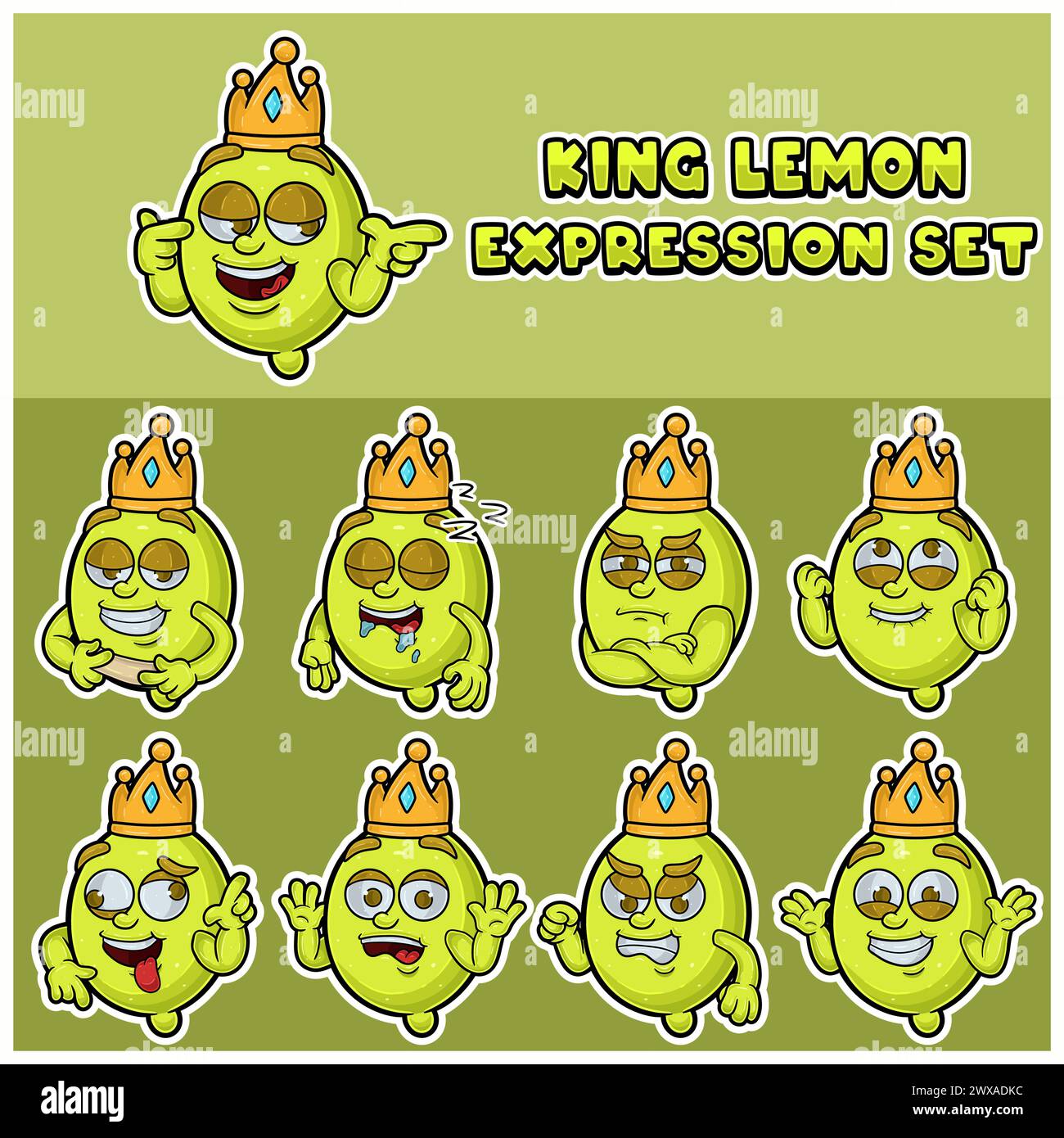 Lemon fruit mascot character cartoon with crown and face expression set ...