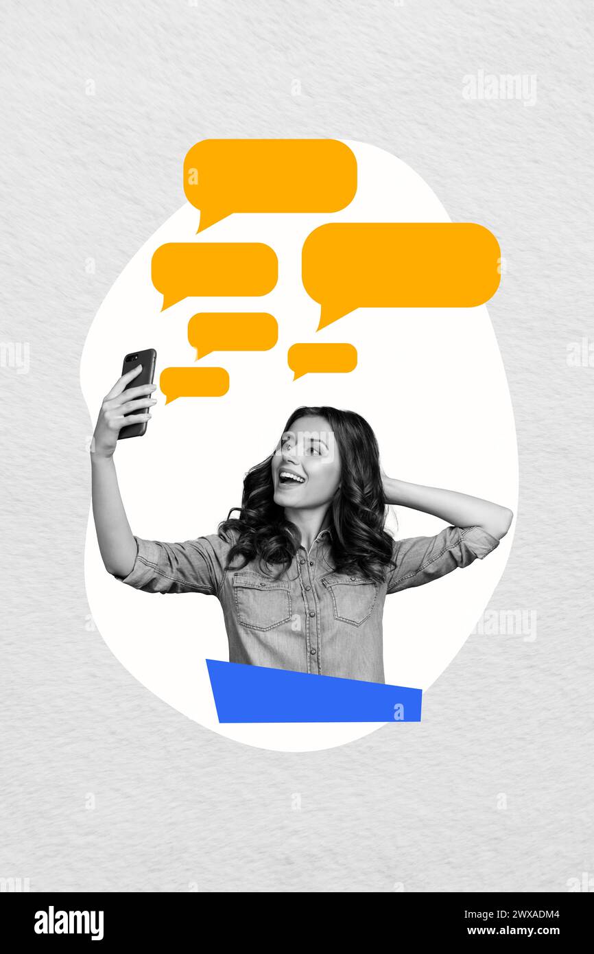 Vertical photo collage of smile girl hold iphone video call selfie ...