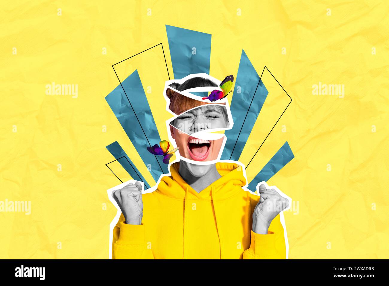 Composite photo collage of young girl scream pieces face butterflies ...