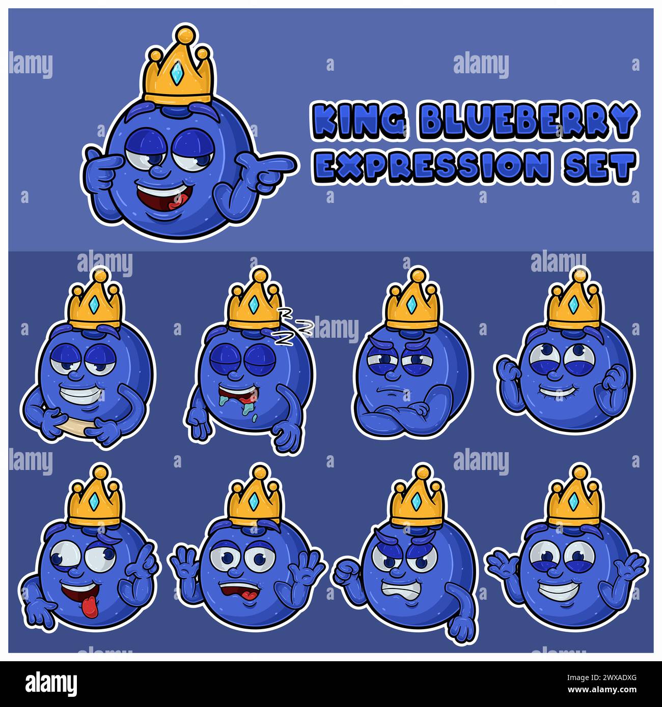 Blueberry fruit mascot character cartoon with crown and face expression ...