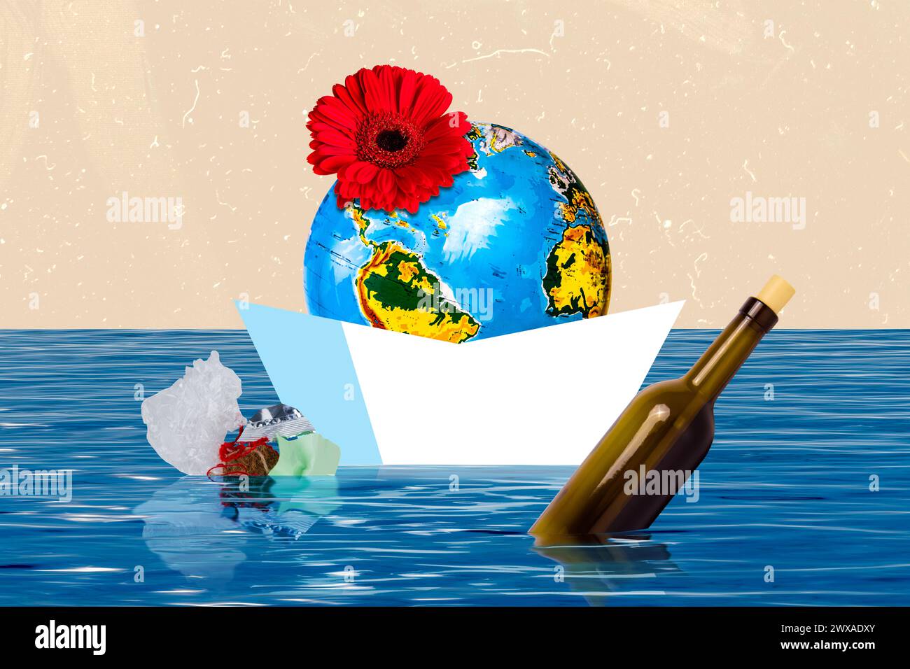 Composite photo collage of water pollution globe swim origami boat ...