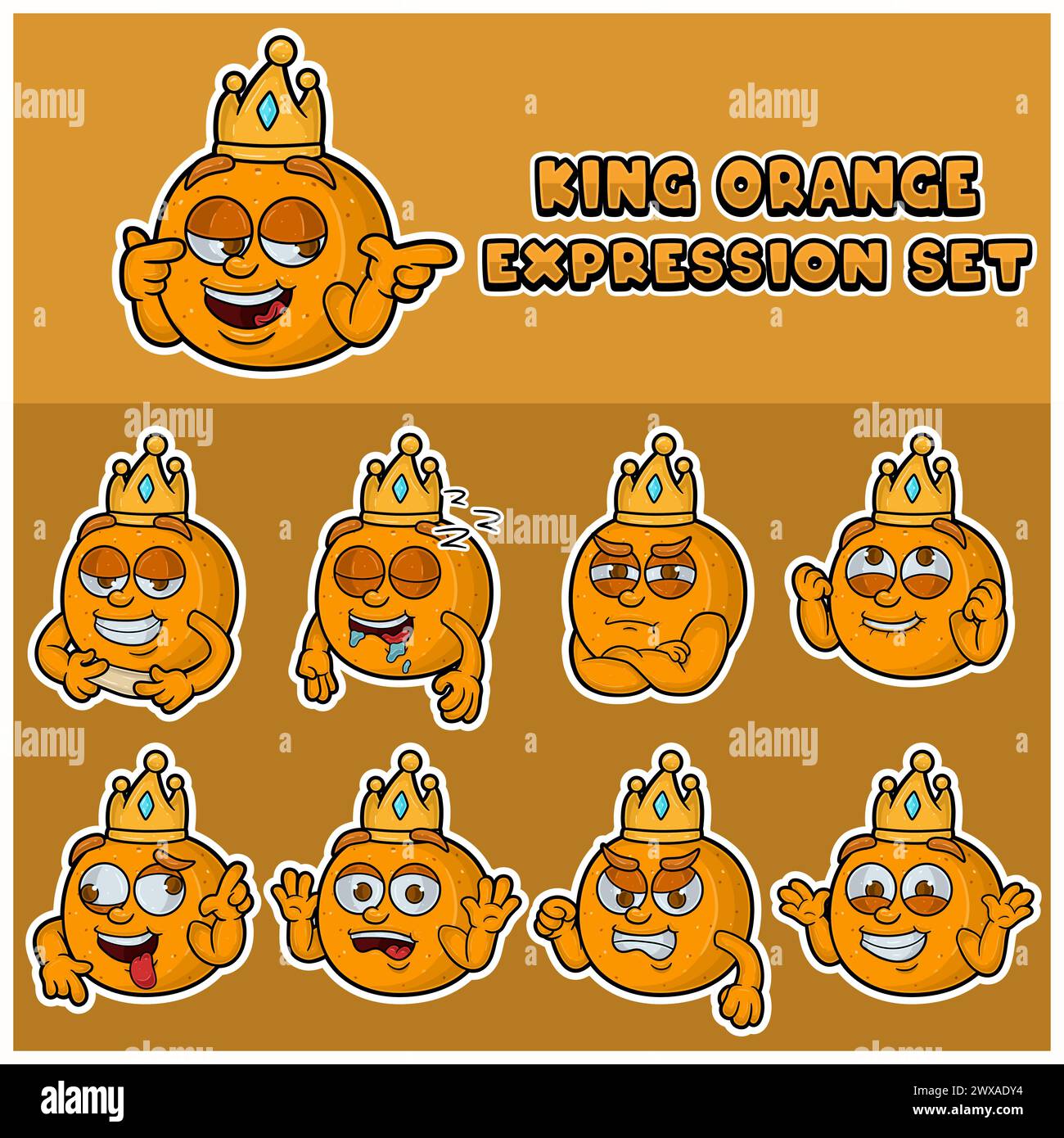 Orange fruit mascot character cartoon with crown and face expression ...