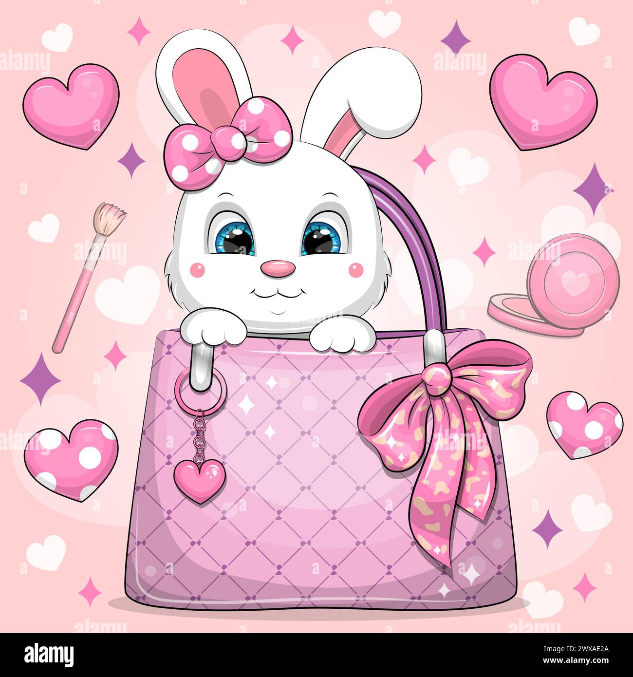 Cute cartoon white rabbit sits in a woman's bag. Vector illustration of ...