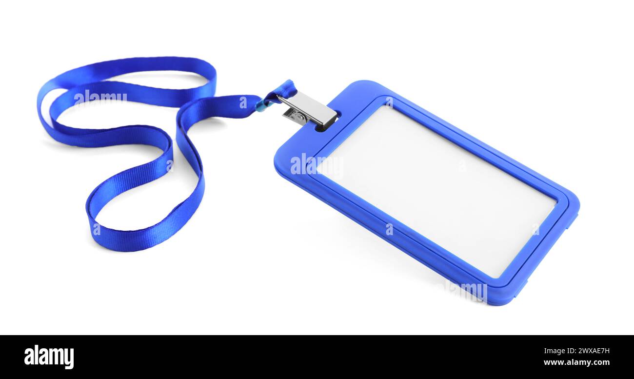 Blank blue badge with string isolated on white Stock Photo - Alamy