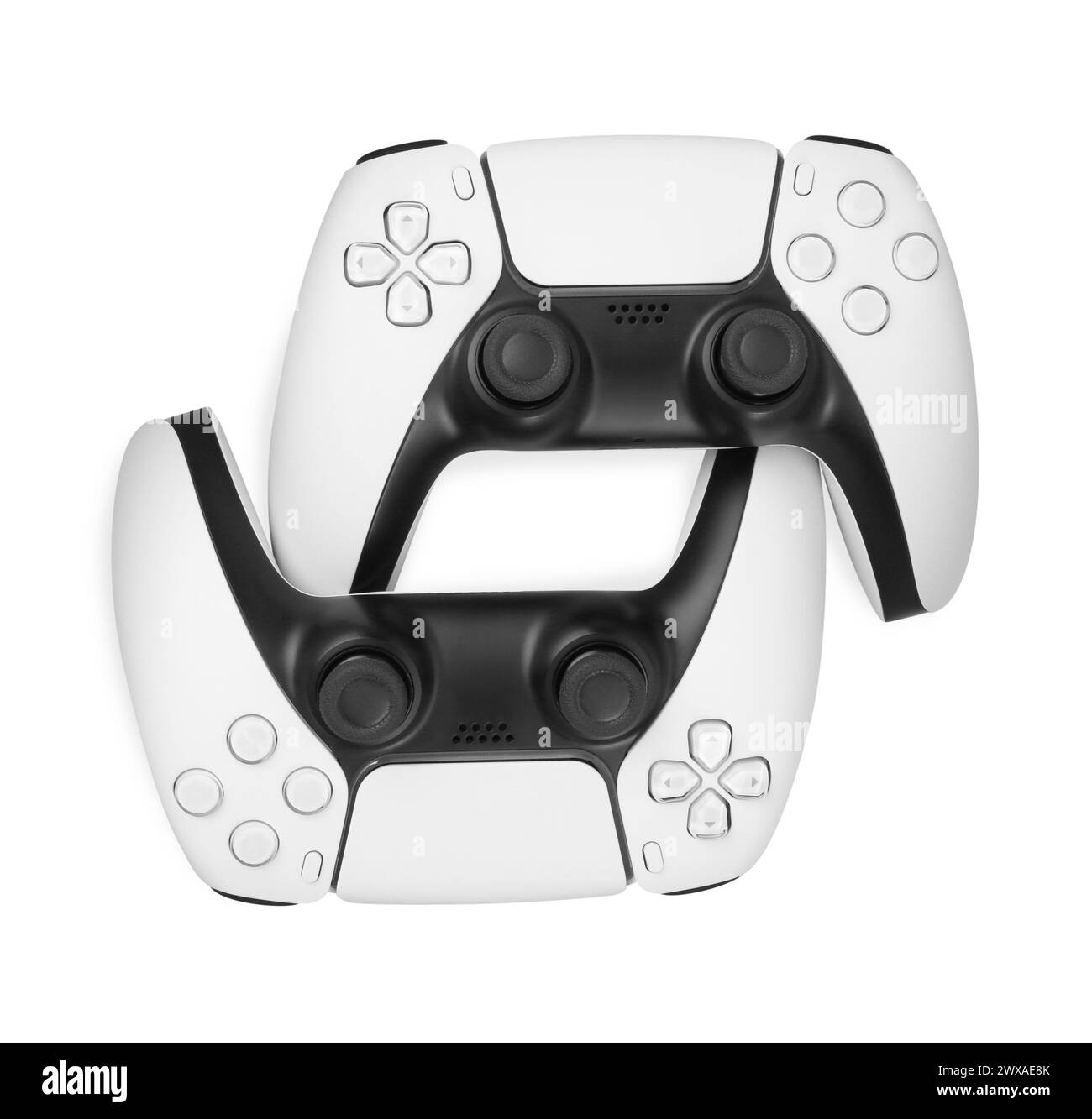 Two wireless game controllers isolated on white, top view Stock Photo ...
