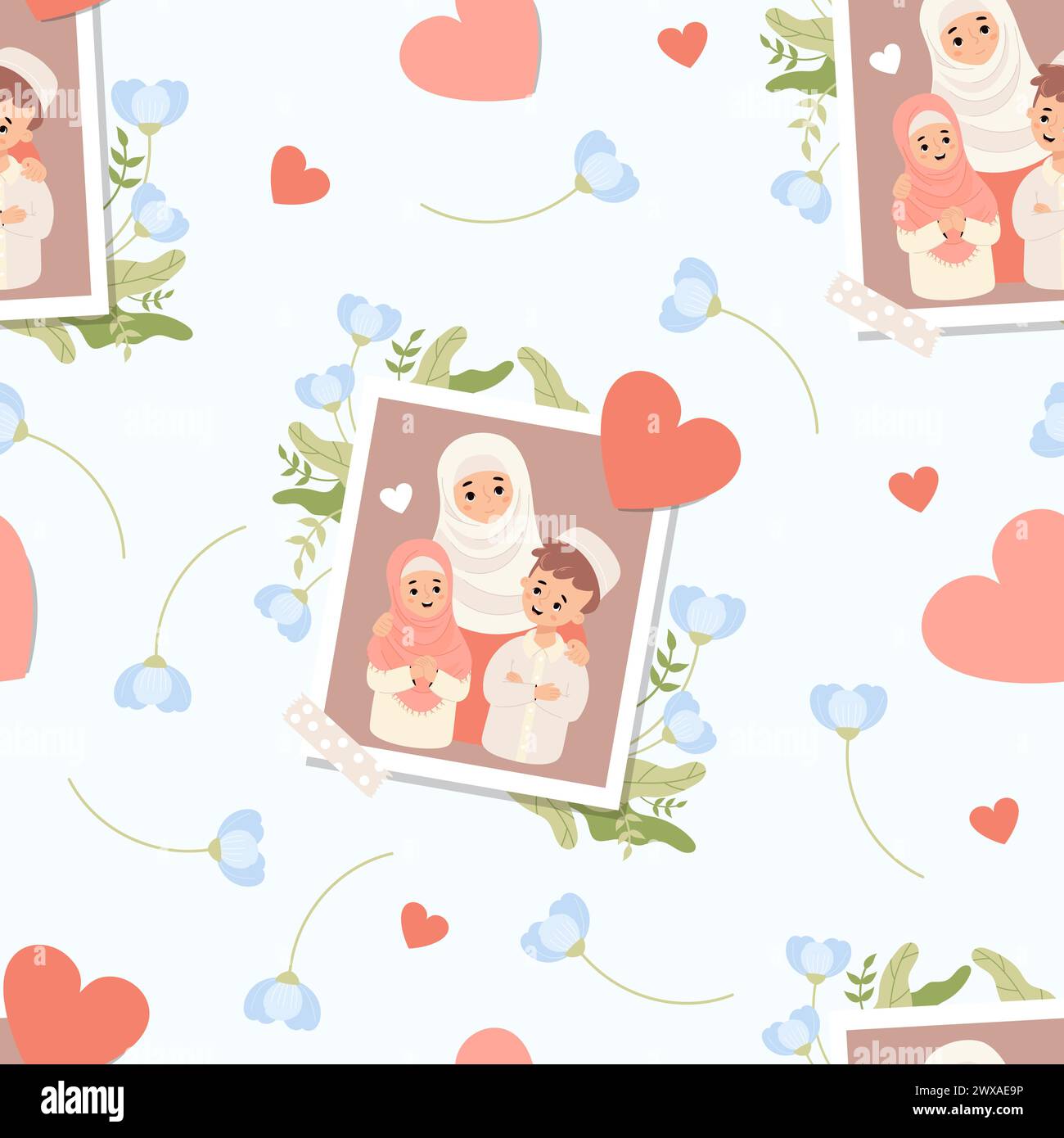 Seamless pattern with portrait islamic family. Muslim woman mother with ...