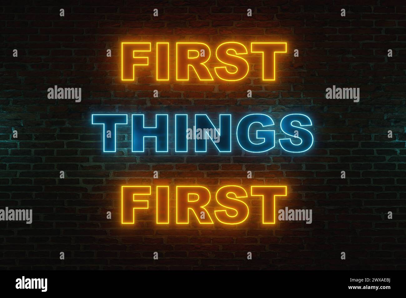 First things first. First things first. Brick wall at night with the ...