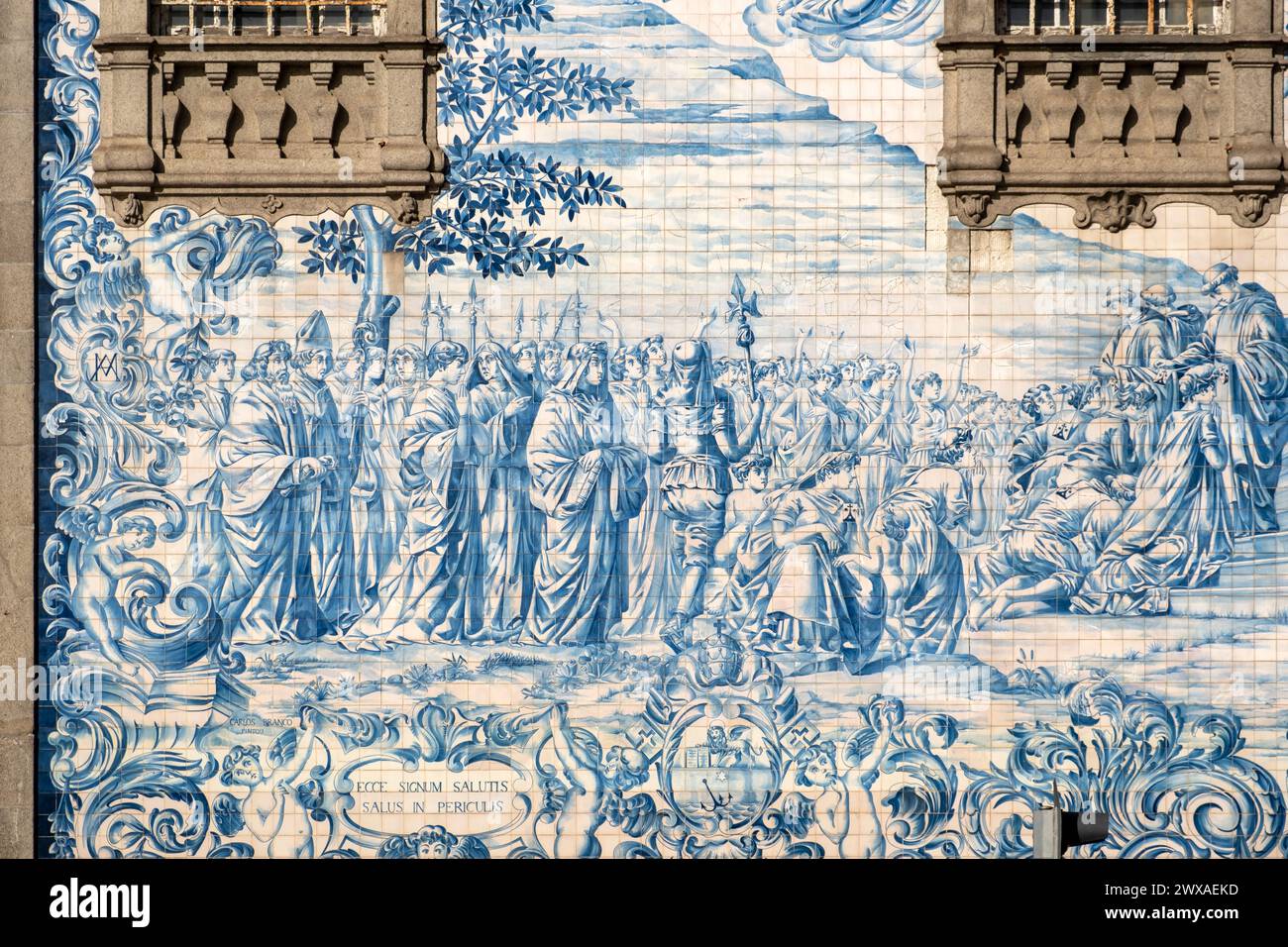 A detailed view of the exquisite blue and white azulejos tiles adorning ...