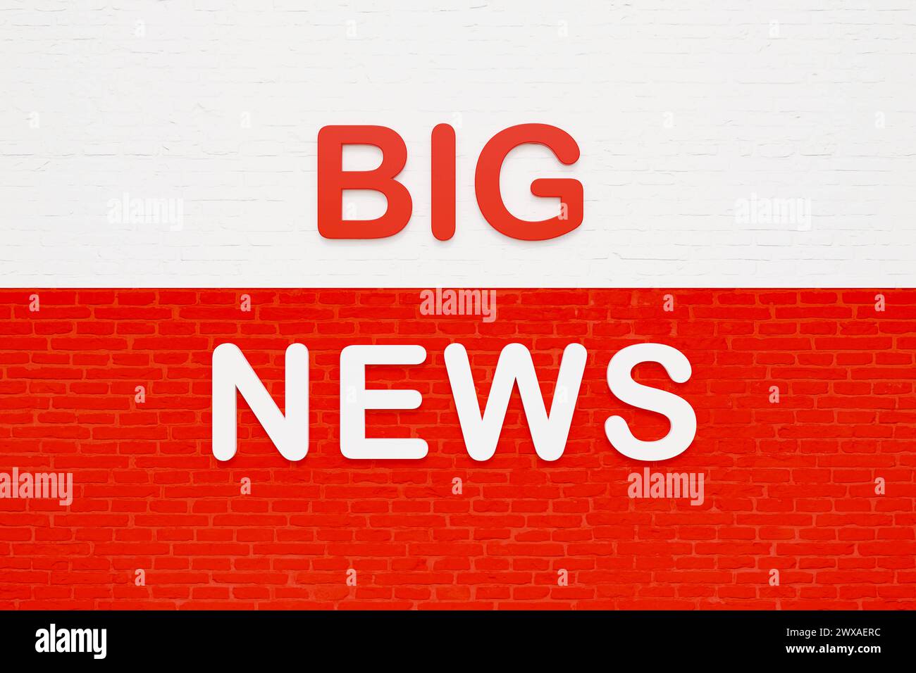 Big news. Big news. Colored letters against a white and red brick wall ...