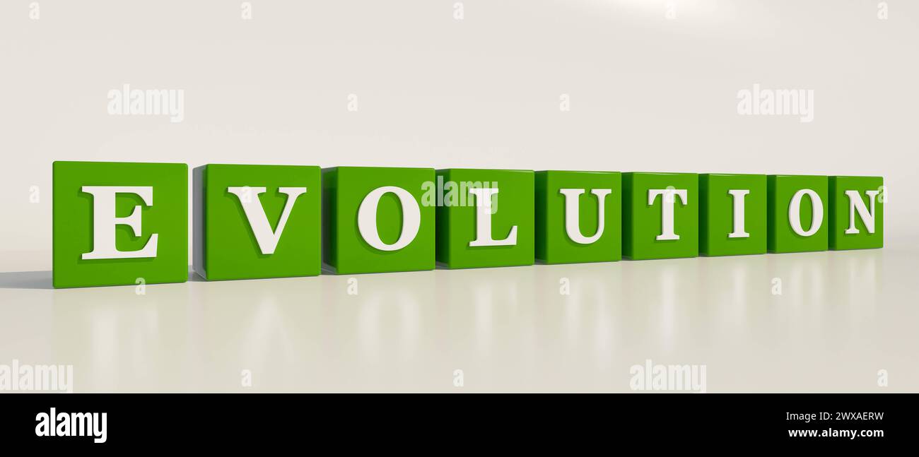 Evolution Evolution, single word. Blue dices with white letters and the ...