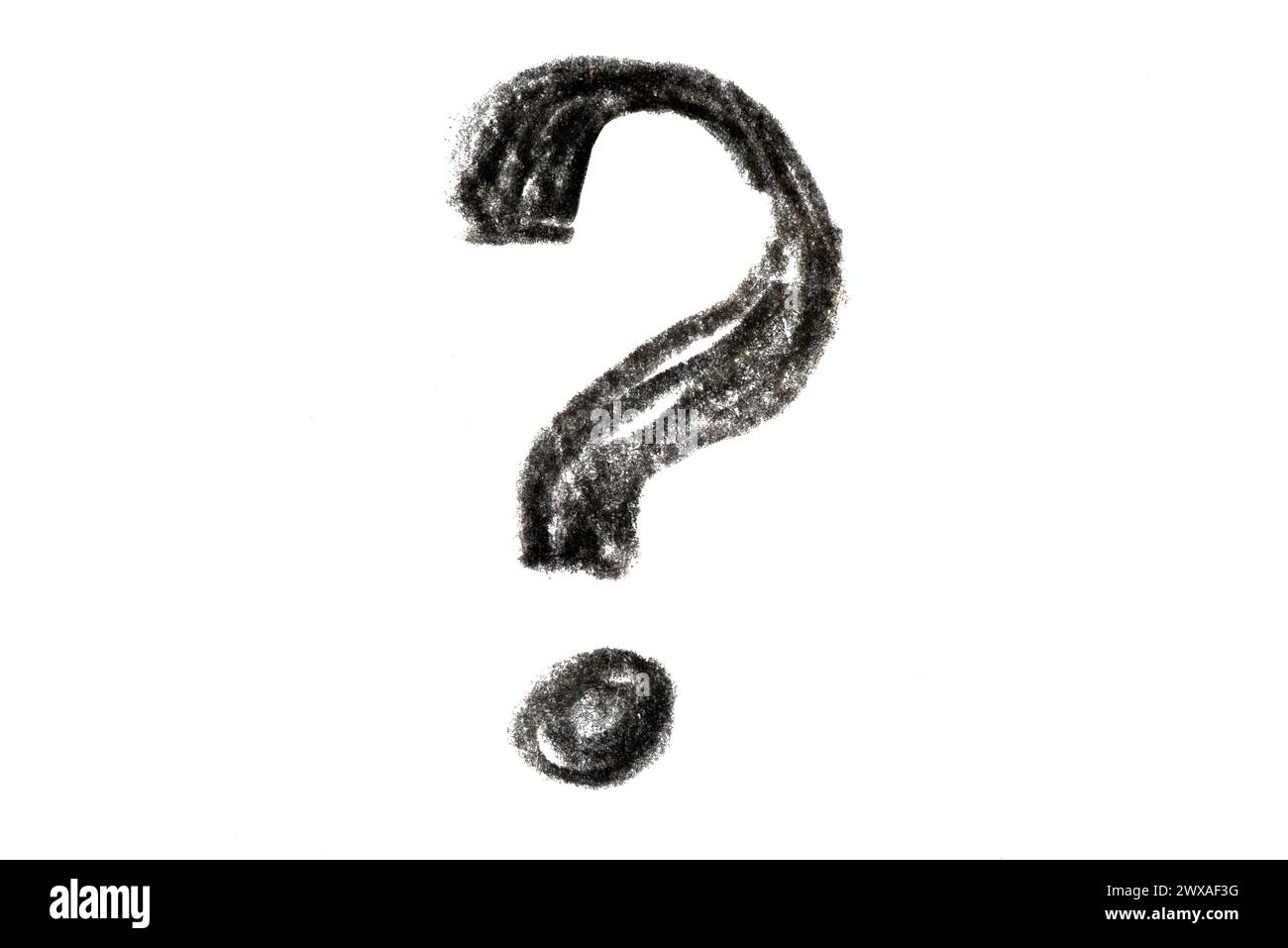A black pencil sketch of a question mark symbol on a white background ...