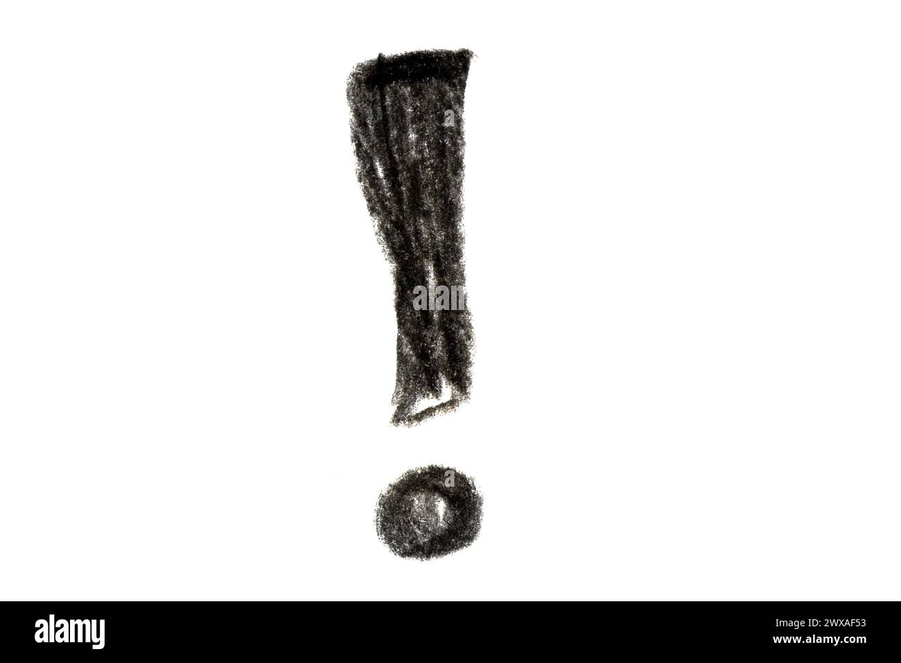 A black pencil sketch of an exclamation mark symbol on a white ...