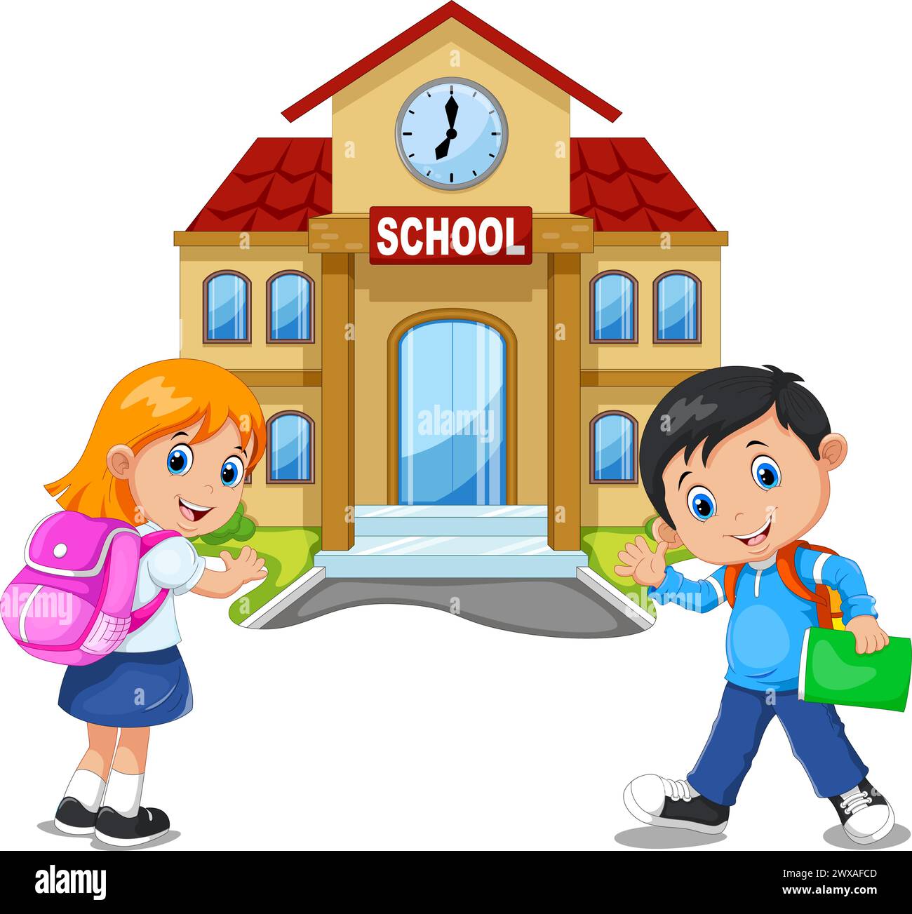 Happy kids with backpacks and books are happy to start the new school ...