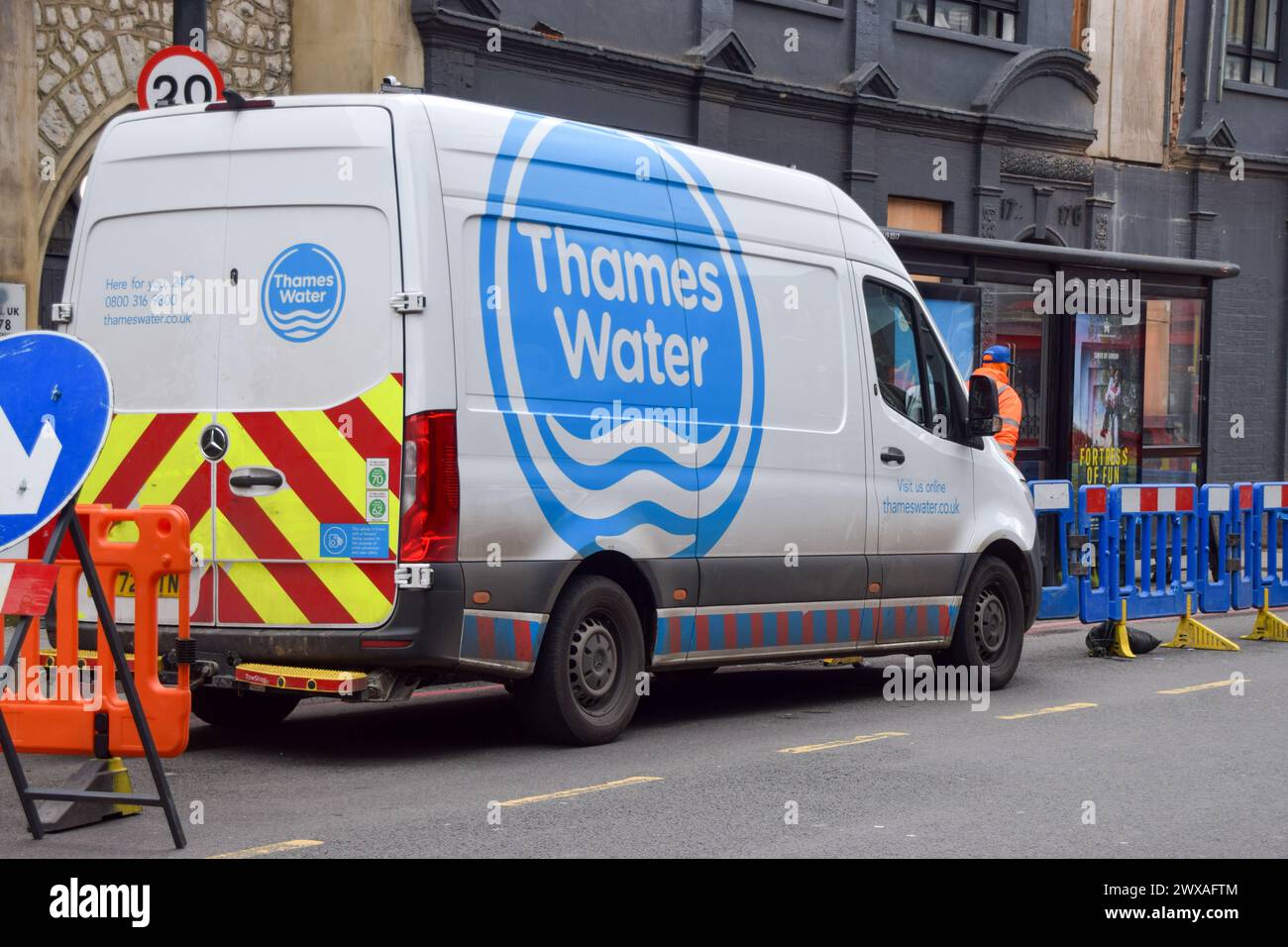 London, UK. 28th March 2024. A Thames Water van at a repair site in ...