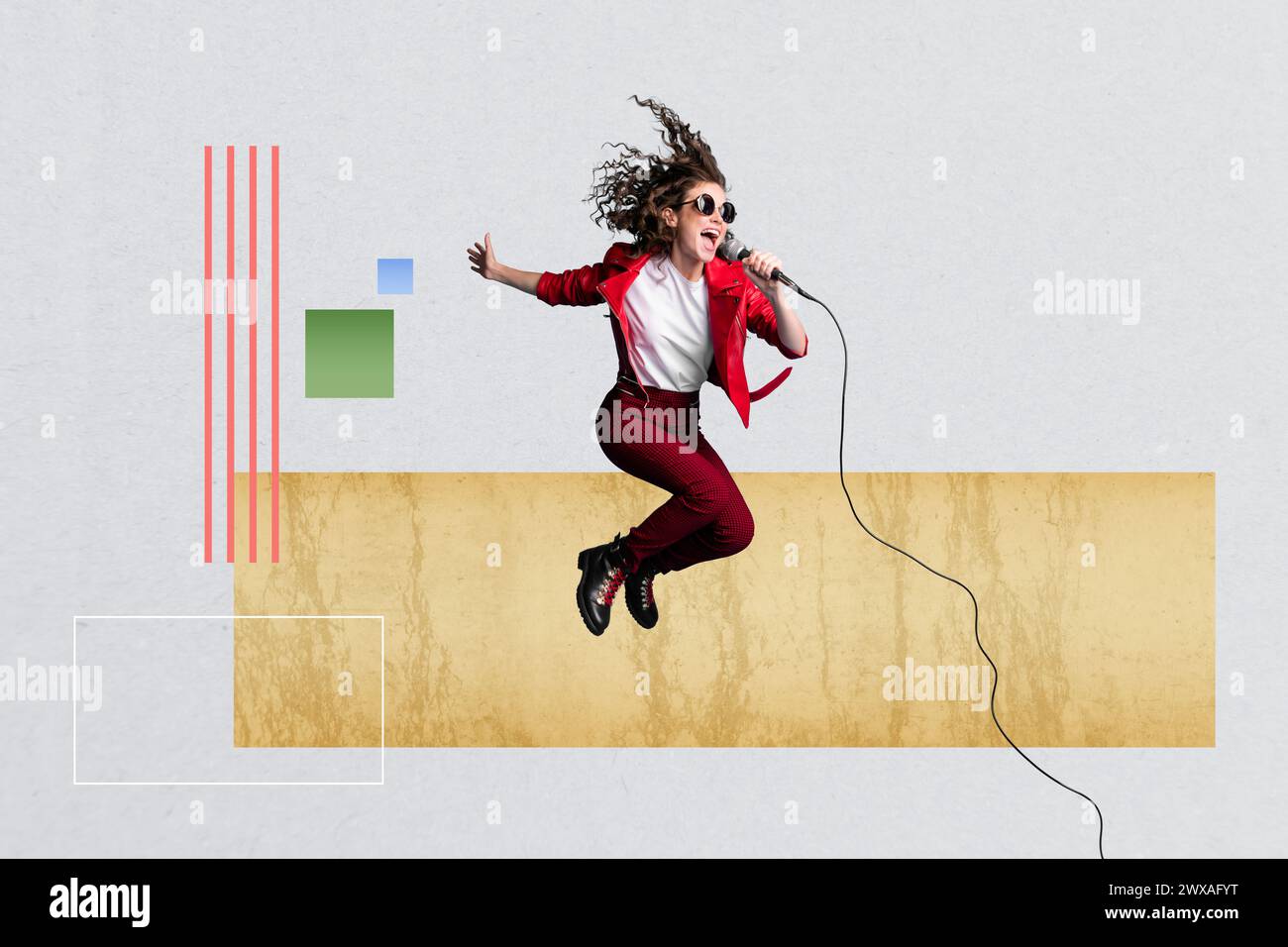 Composite collage picture image of funny female jumping singing karaoke ...