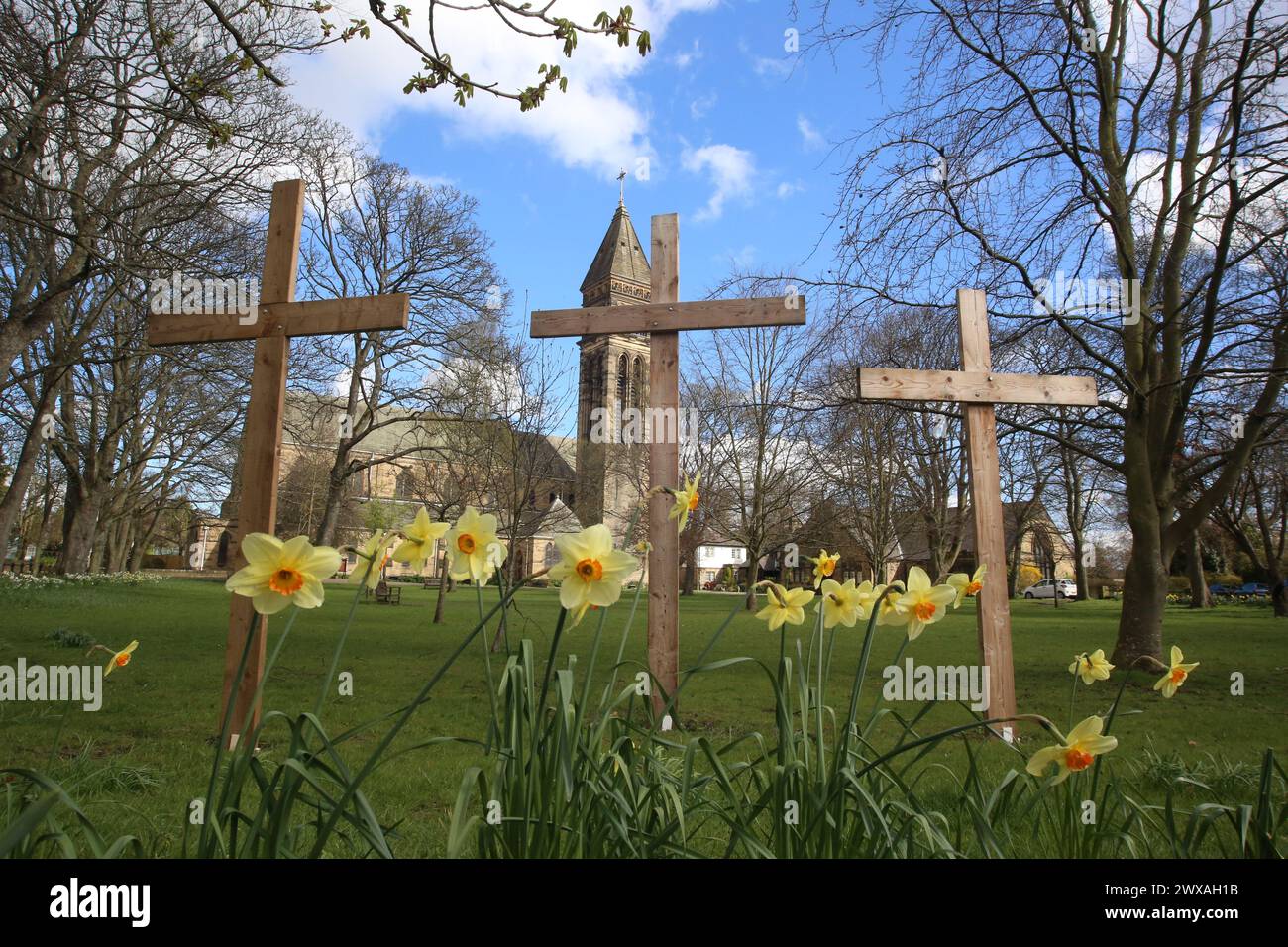 Newcastle Upon Tyne, UK. 29th Mar 2024. The Three Crosses Of Calvary at Church of St George is a ...