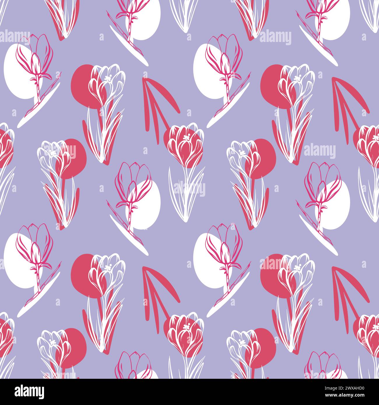 Sketch-style magnolia and crocus pattern, hand-drawn on blue background ...