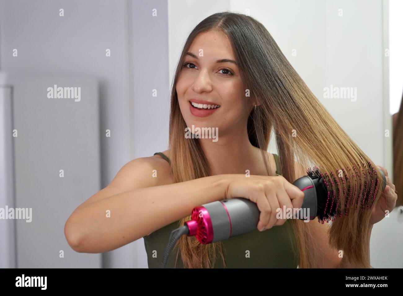 Hot Air Hair Brush Young Woman Using Round Brush Hair Dryer To Style