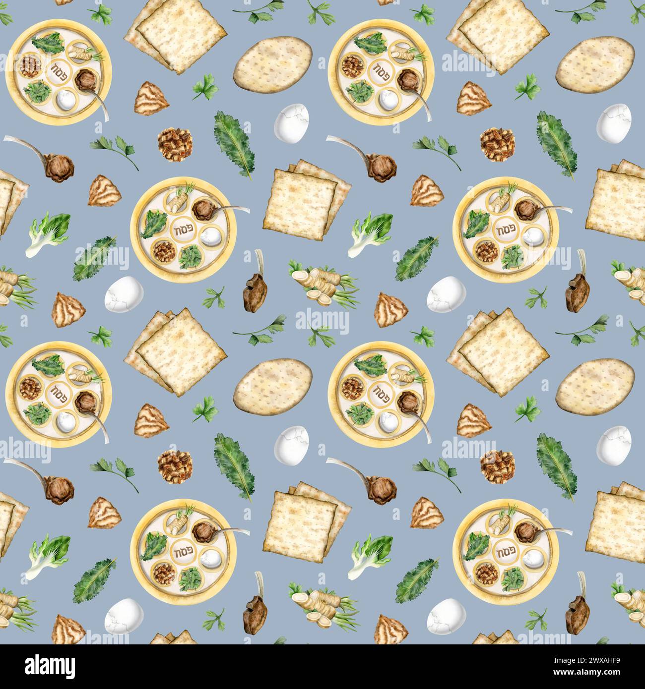 Passover kosher food with seder plate and matzah watercolor seamless ...
