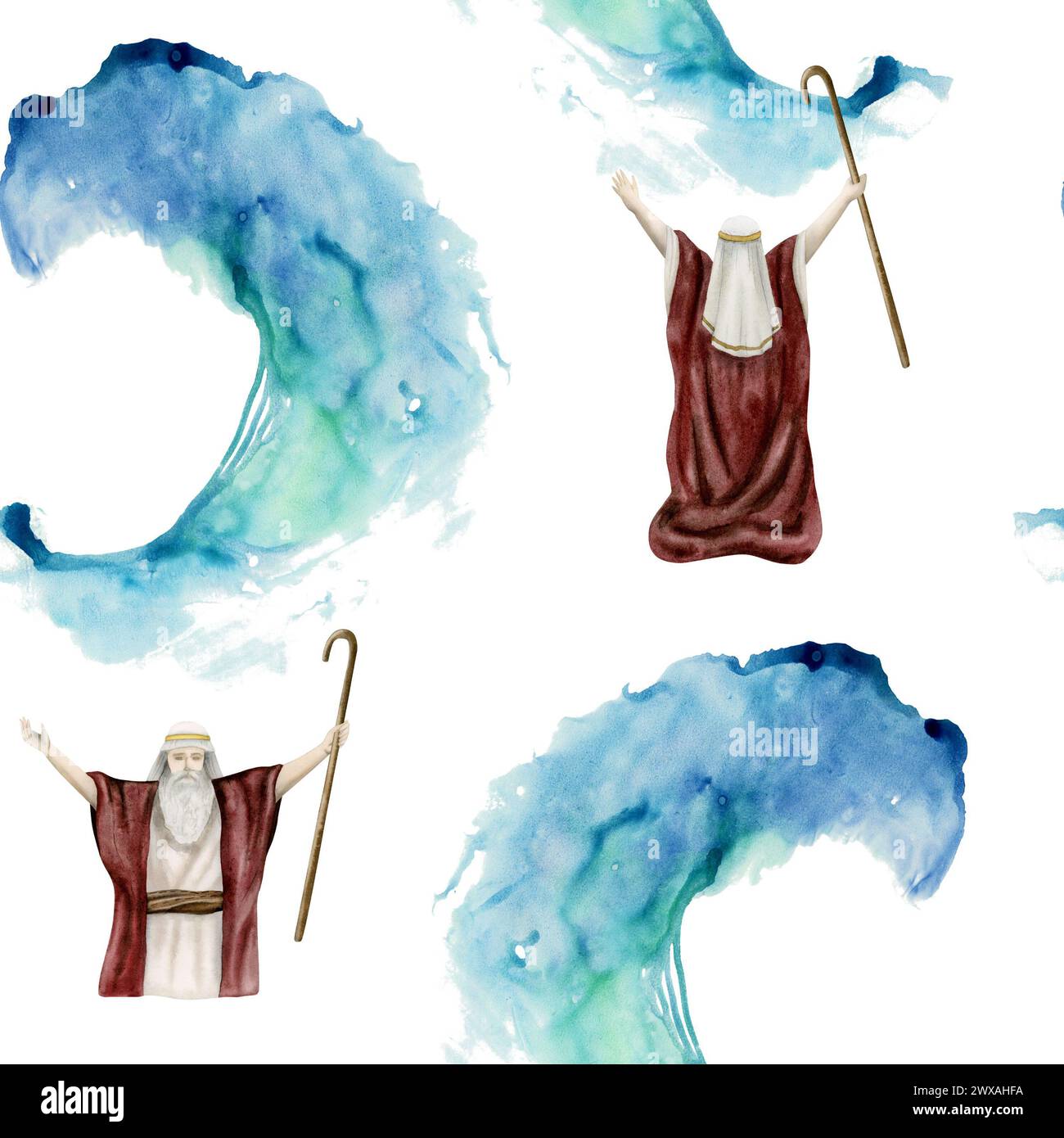 Exodus watercolor seamless pattern on white with Moses separating Red ...