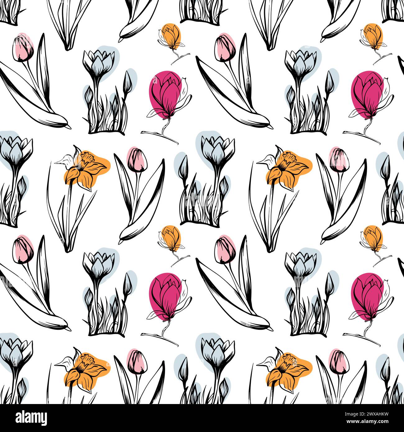 Sketch-style flowers pattern, hand-drawn on white background for unique packaging designs Stock ...