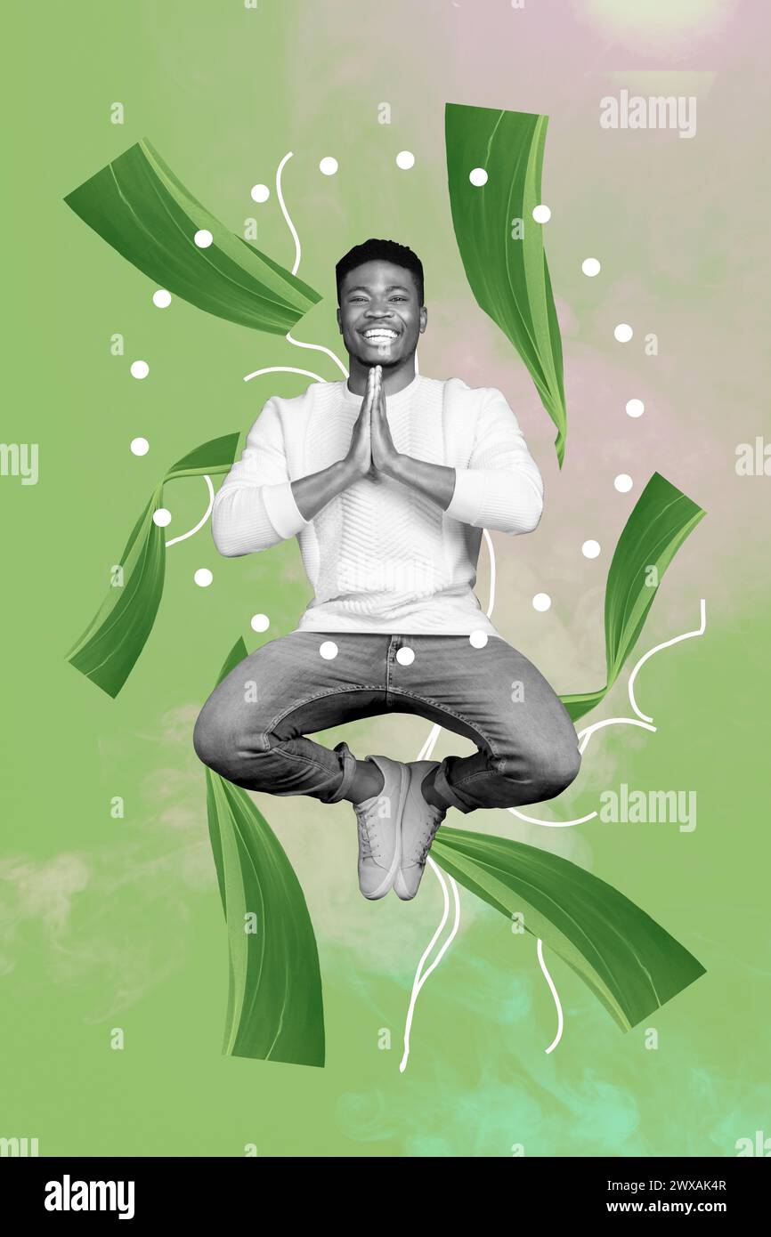 Vertical collage young smiling man hands gesture pleading pray ...