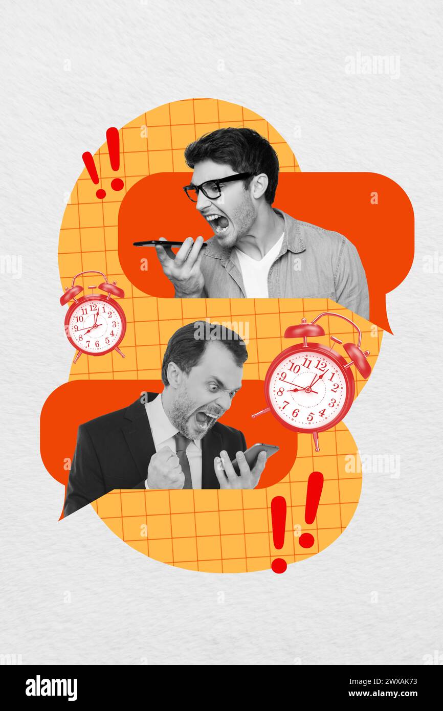 Vertical photo collage of two workers call iphone scream alarm clock ...